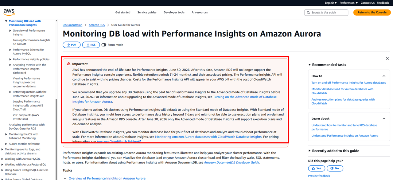 RDS Performance Insights の CloudWatch Database Insights への統合が 2025 年 11 月 30 日から 2026 年 6 月 30 日 ...